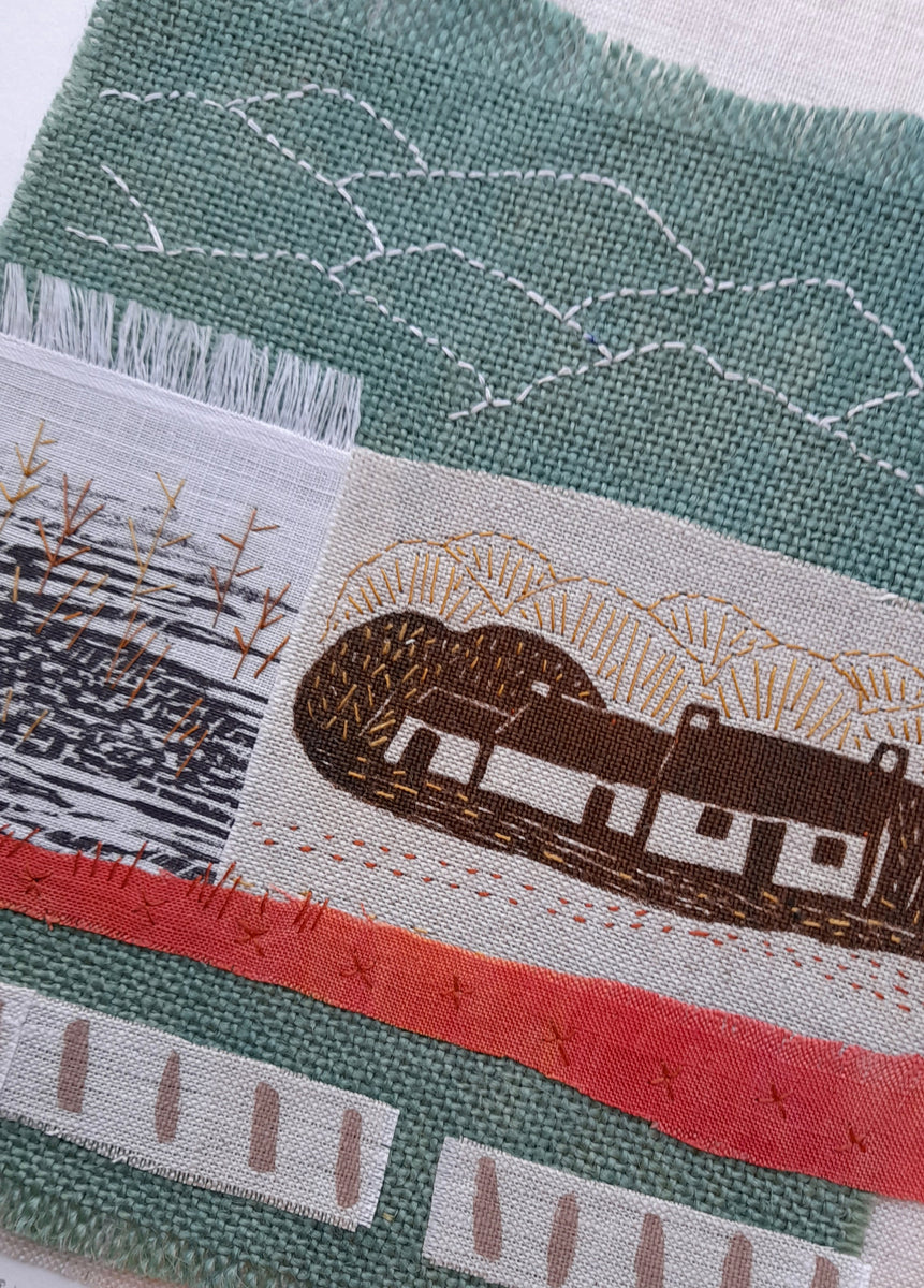 Little Hill Farm ~ hand stitched linen collage – gailkellyprintmaker
