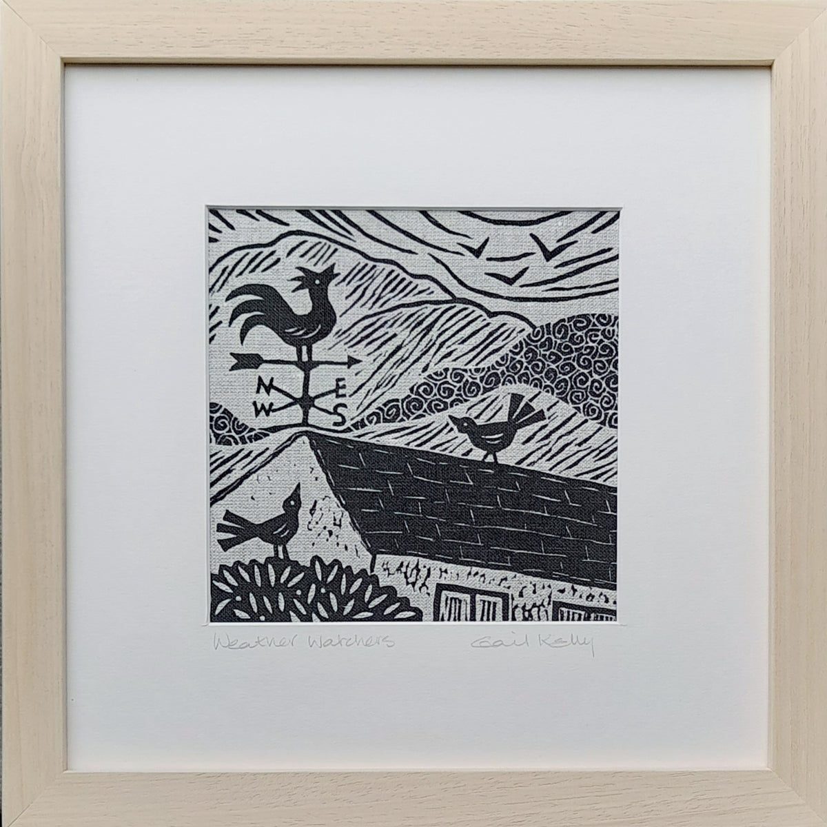 Weather Watchers ~ linocut printed on linen – gailkellyprintmaker
