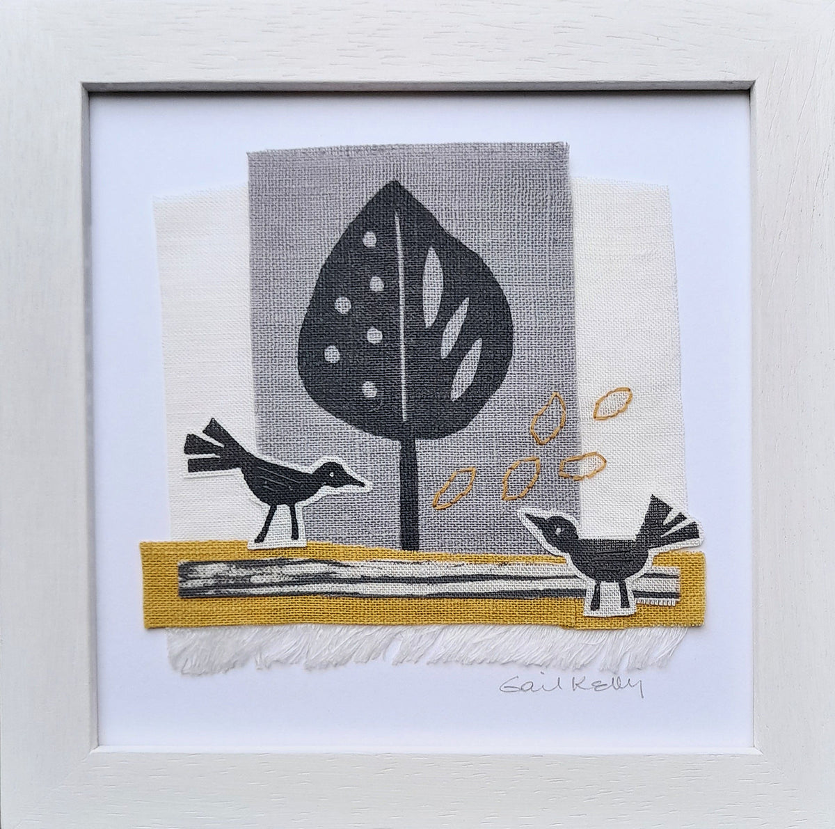 Hand stitched linen collage ~ birds and tree – gailkellyprintmaker