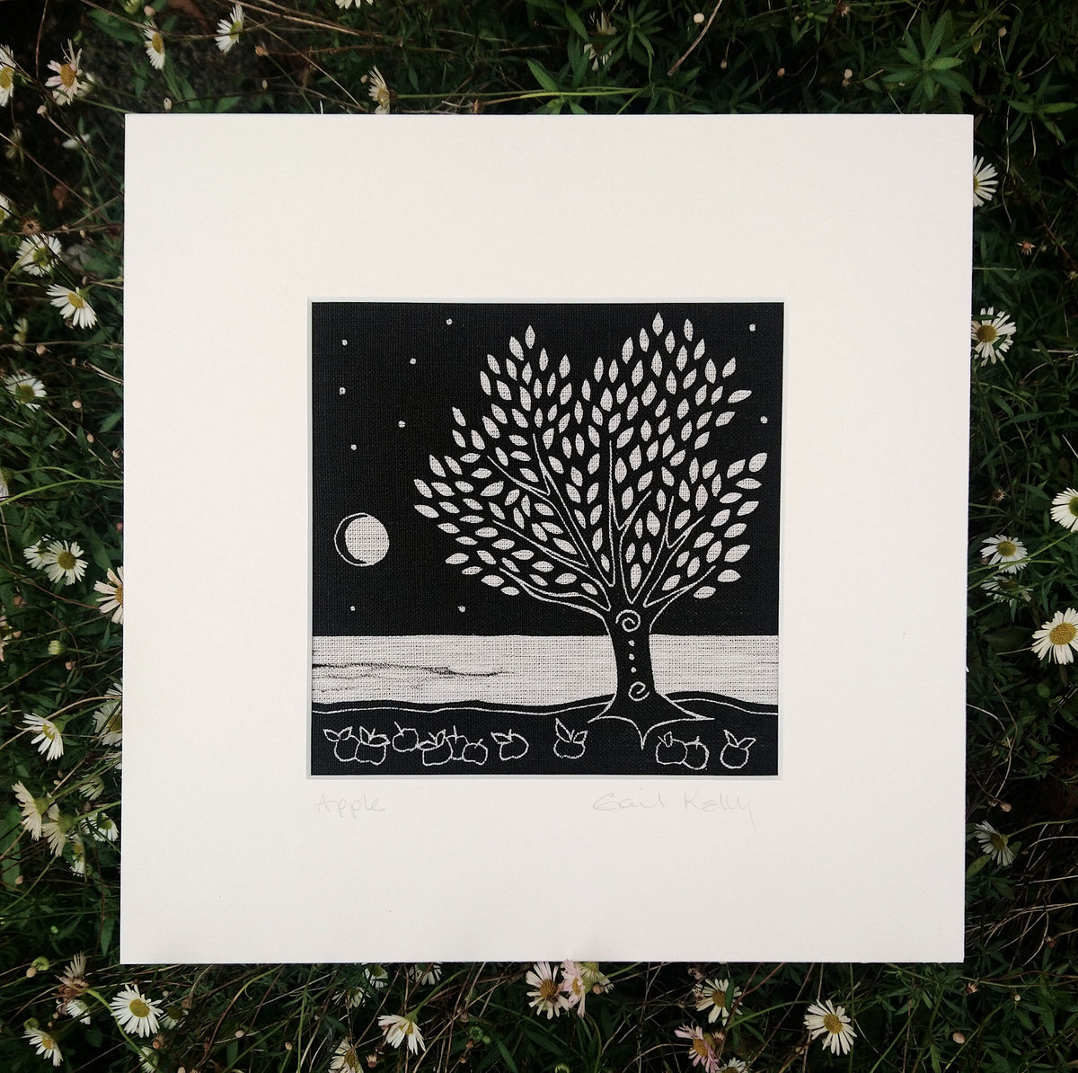 Apple ~ linocut printed on linen – gailkellyprintmaker