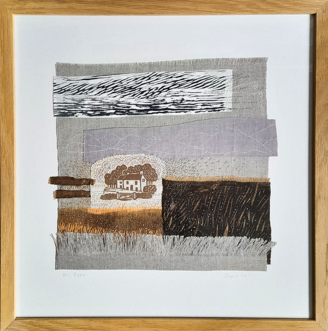 Hill Farm ~ linen collage, hand stitched embroidery, linocuts & woodcu ...