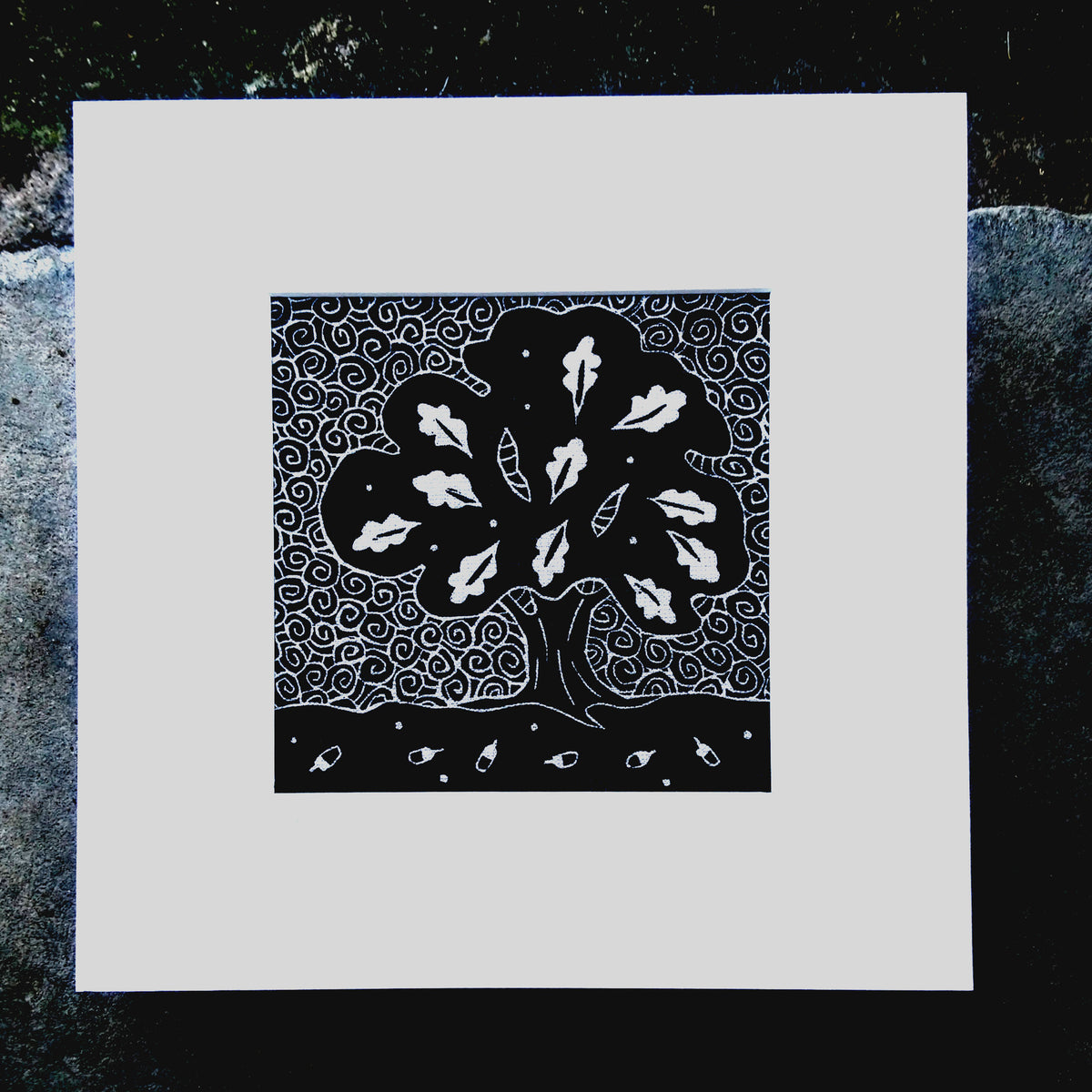 Oak ~ linocut printed on linen – gailkellyprintmaker