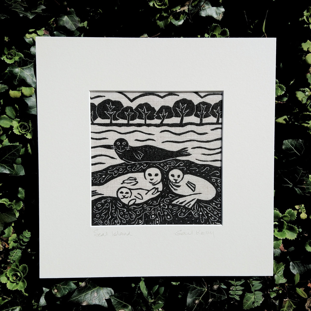 Seal Island ~ linocut printed on linen – gailkellyprintmaker