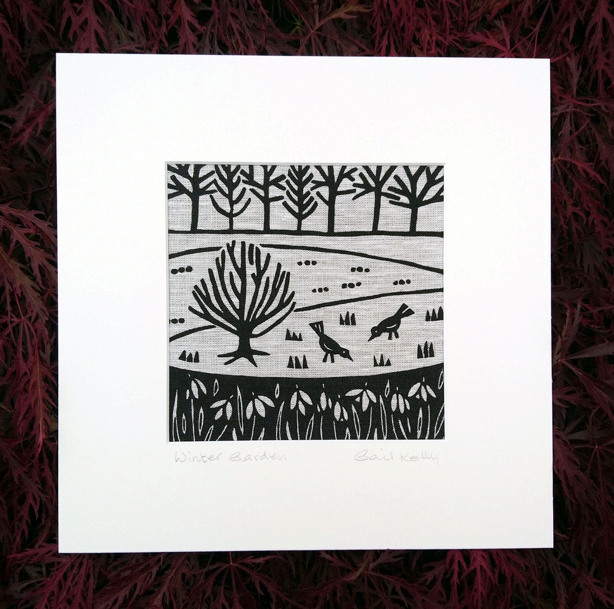 Winter Garden ~ linocut printed on Irish linen – gailkellyprintmaker