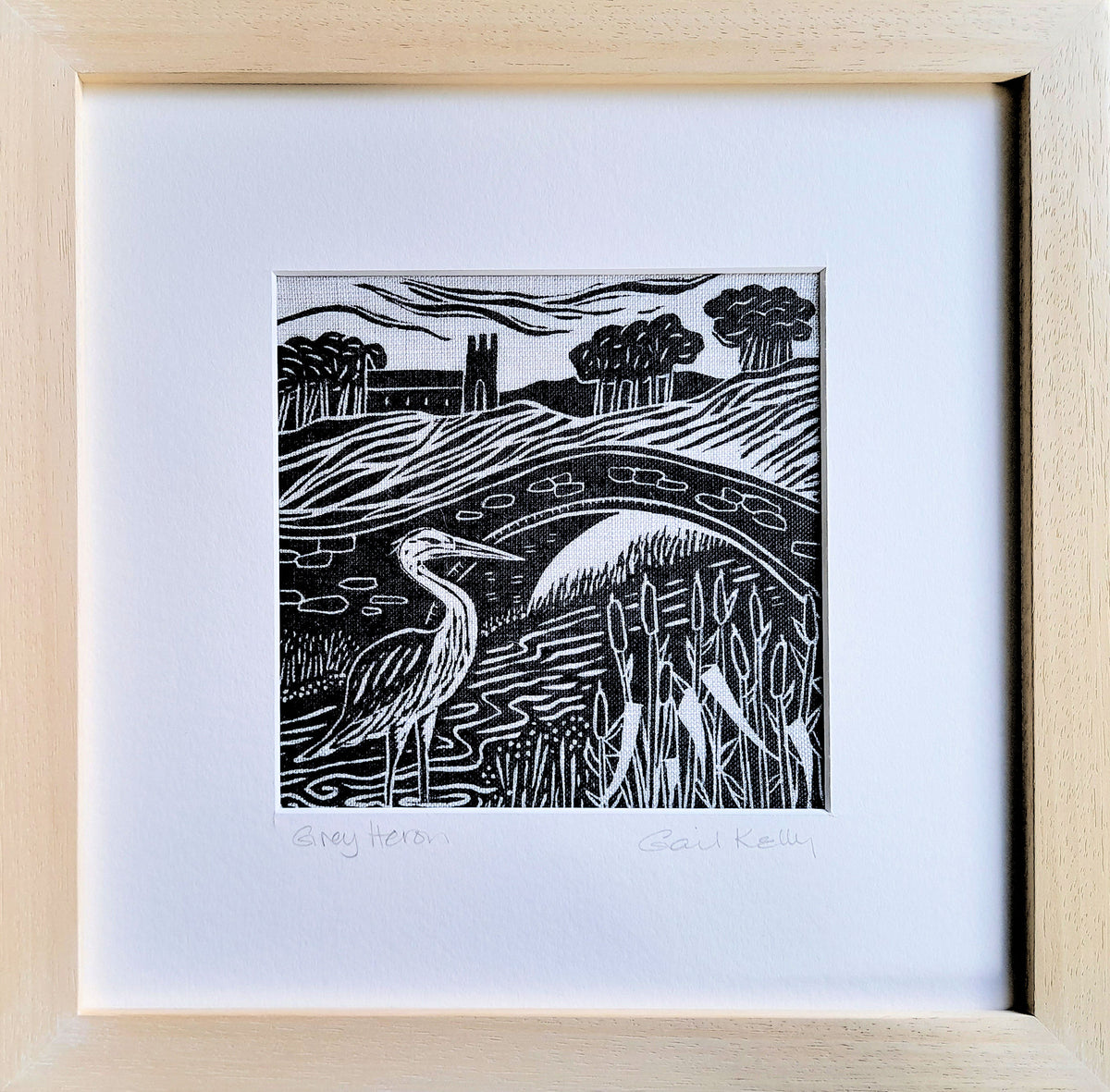 Grey Heron ~ linocut printed on linen – gailkellyprintmaker
