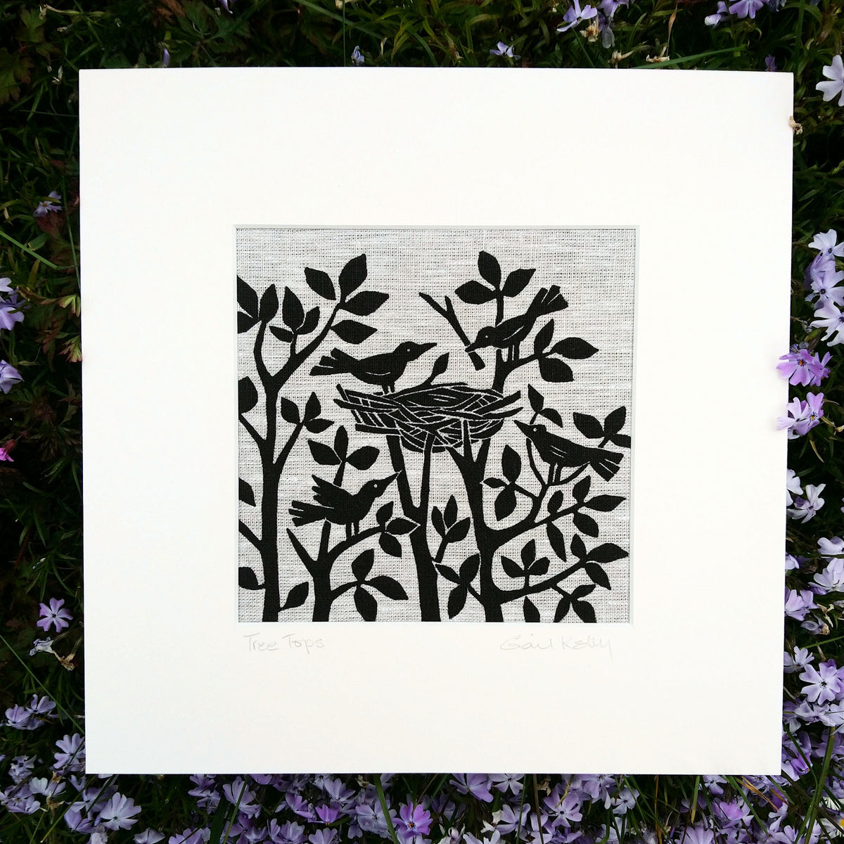 Tree Tops ~ linocut printed on Irish linen – gailkellyprintmaker