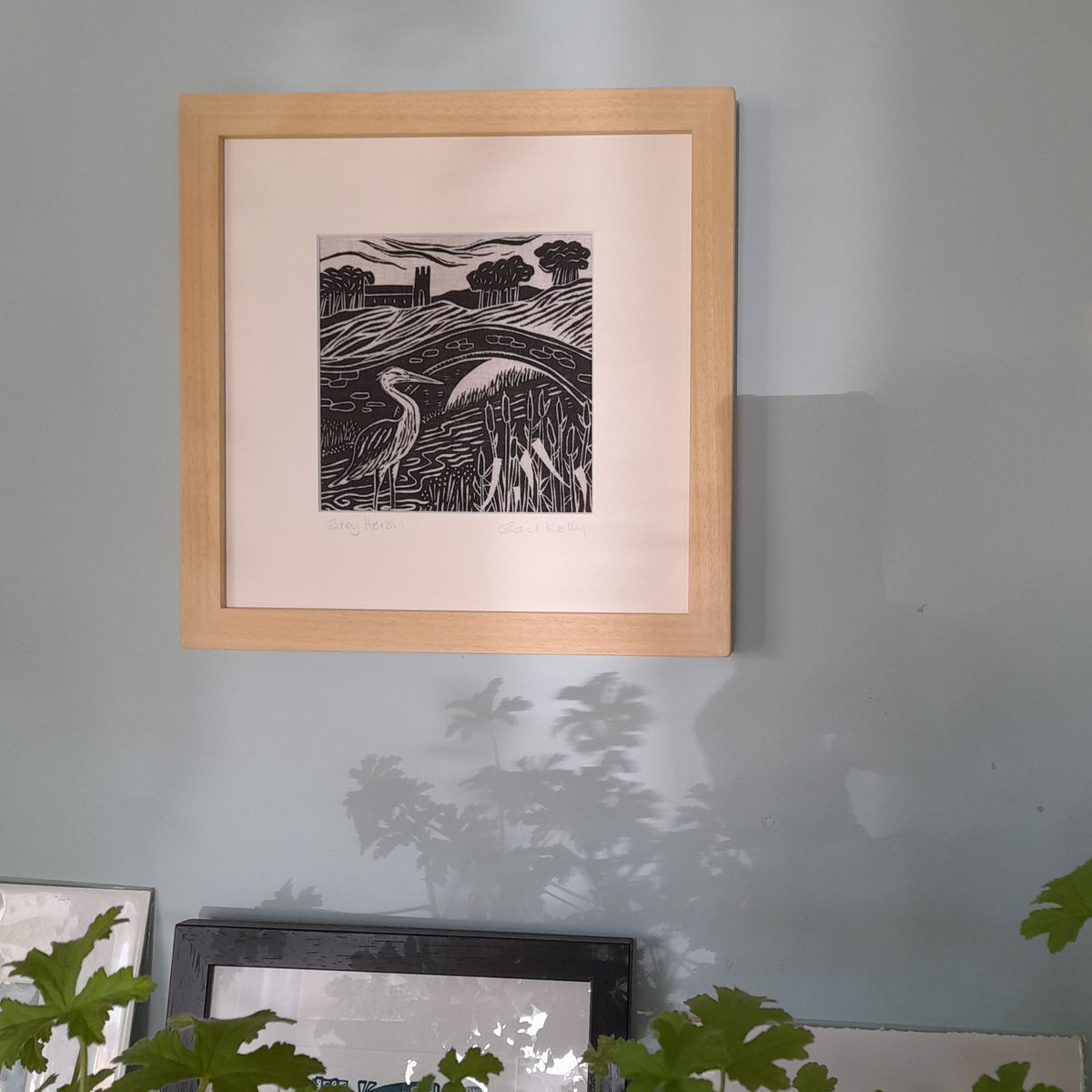 Grey Heron ~ linocut printed on linen – gailkellyprintmaker