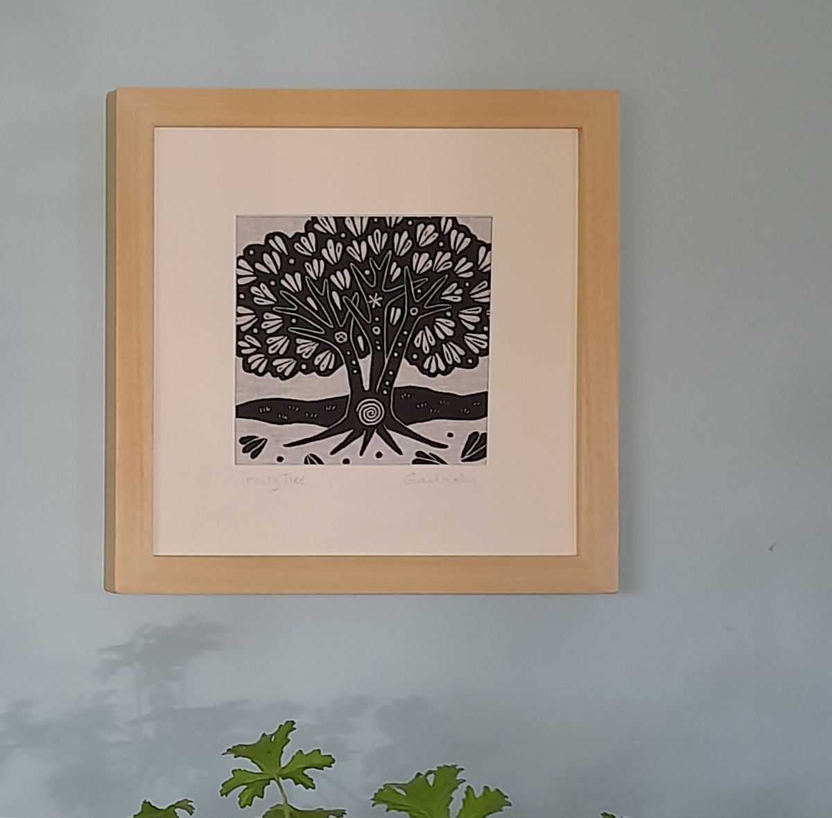 Trinity Tree ~ linocut printed on linen – gailkellyprintmaker